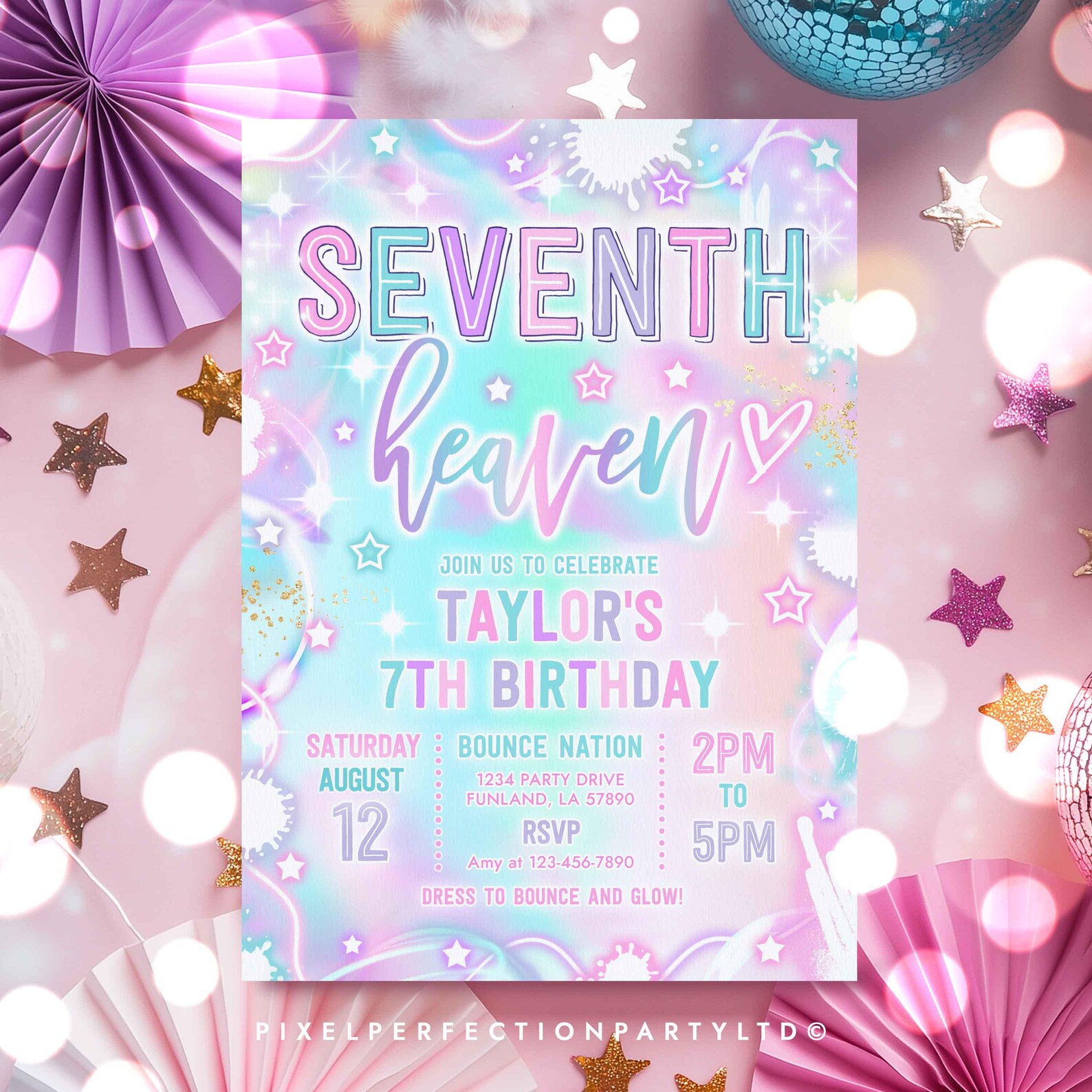 Editable 7th Heaven Pastel Neon Birthday Party Invitation Pastel Neon ...