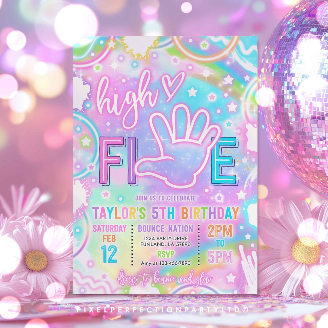 Editable High Five Birthday Party Invitation Neon Glow High Five Hi ...
