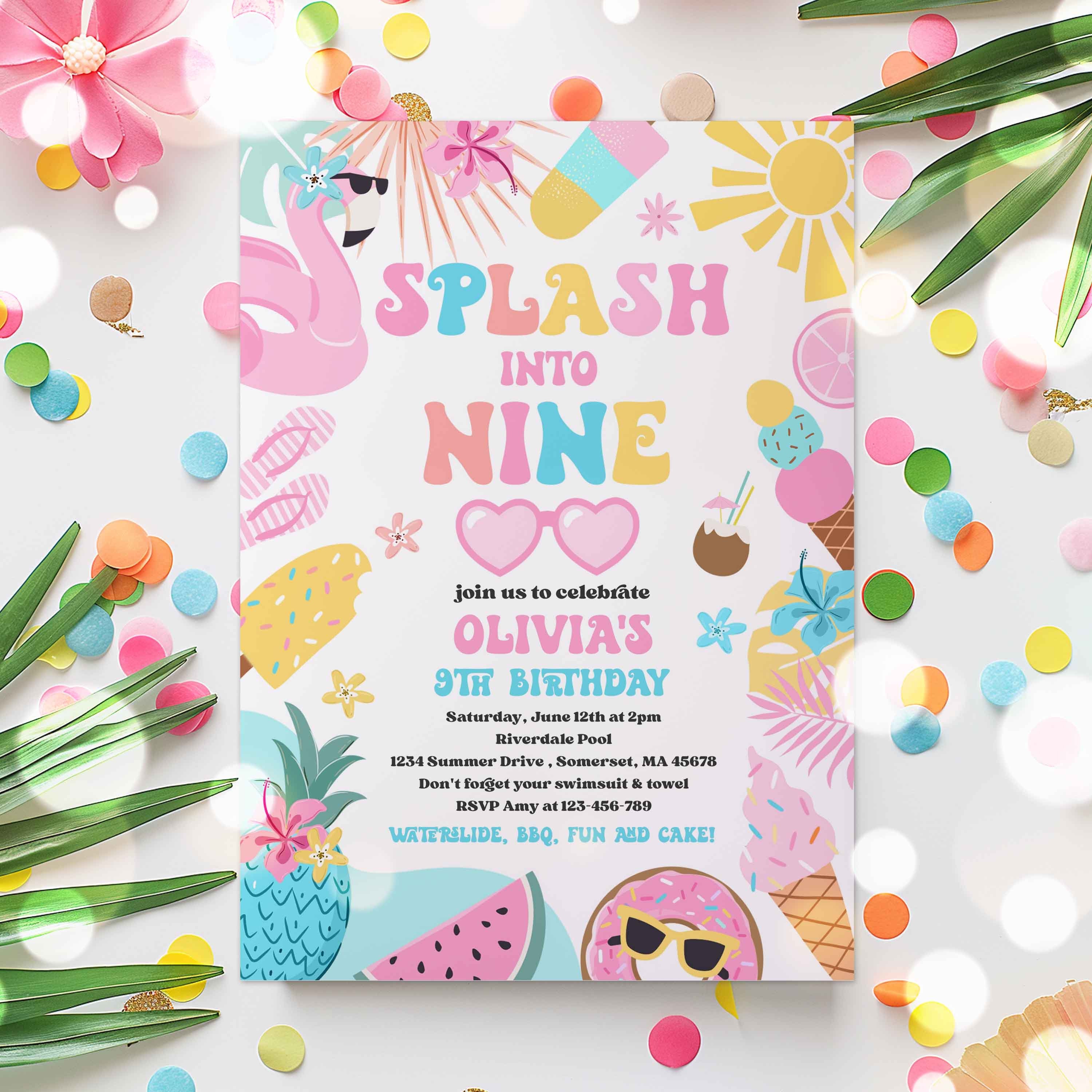 Editable Splash Into Nine 9th Birthday Pool Party Invitation Tropical ...