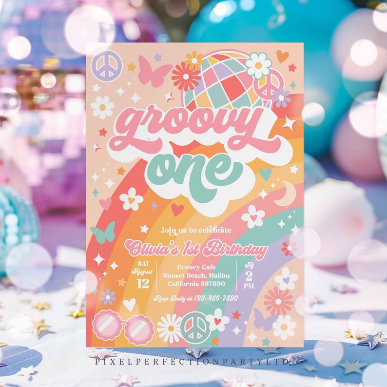 Editable Groovy One Birthday Party Invitation Peace Love Party Groovy ...
