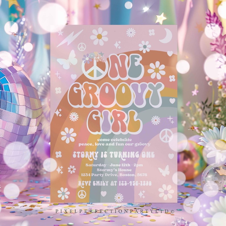 Editable One Groovy Girl Birthday Party Invitation Orange Pink Yellow ...