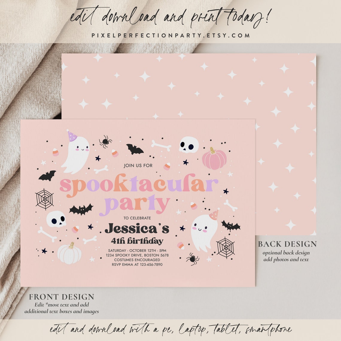 Editable Halloween Pink Ghost Birthday Invitation Girly Cute - Etsy