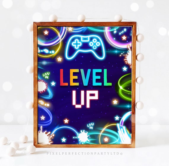 Video Game Level Up Birthday Party Sign Neon Gamer Birthday Game On ...