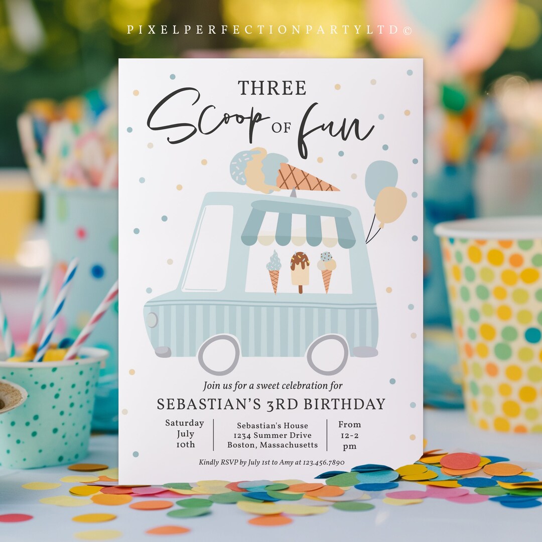 Editable Three Scoops of Fun Ice Cream Birthday Party Invitation Ice ...