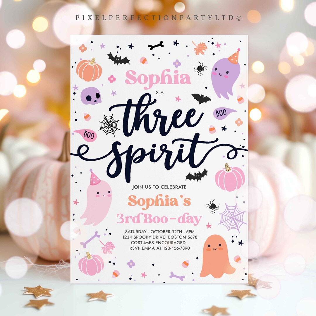 Editable Three Spirit Halloween Ghost 3rd Birthday Party Invitation ...
