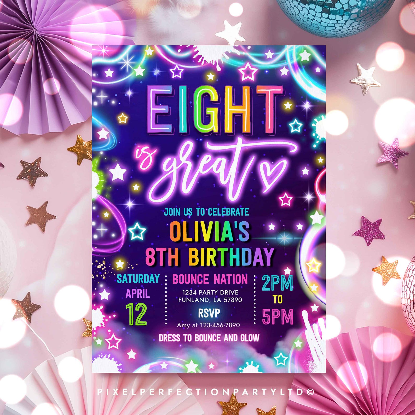 Editable Eight is Great Birthday Party Invitation Neon Glow 8th ...
