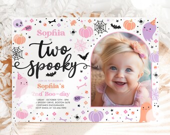 EDITABLE Two Spooky Halloween Ghost 2nd Birthday Party Invitation Cute ...
