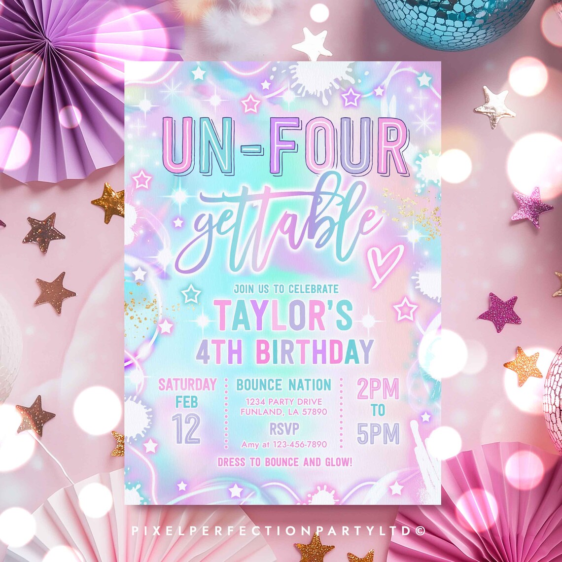 Editable Un-four-gettable Birthday Party Invitation Neon Glow 4th ...