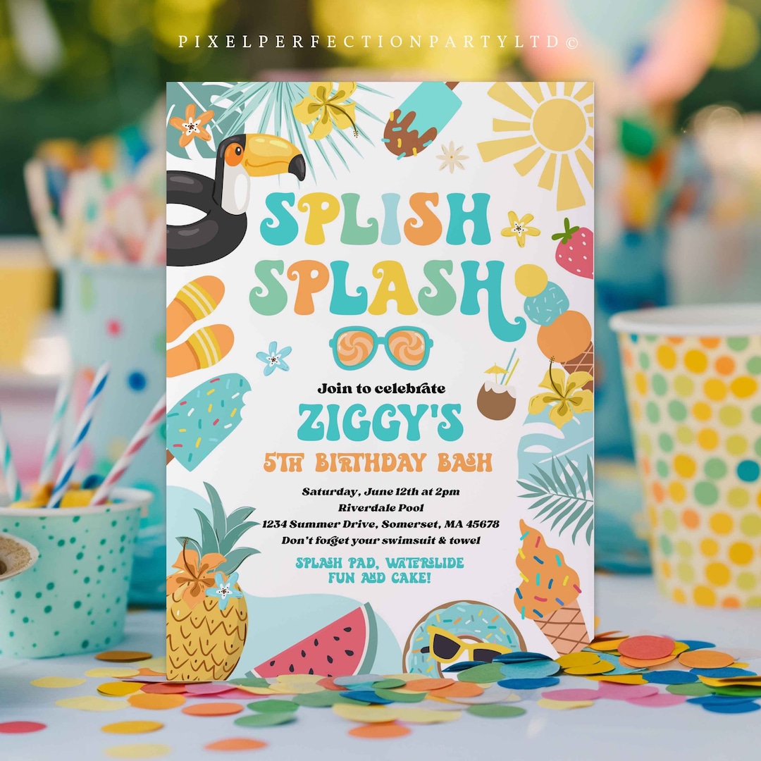 Editable Tropical Splish Splash Water Birthday Party Invitation Splash ...