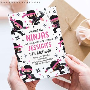 Editable Girl Ninja Birthday Party Invitation Pink Karate Birthday ...