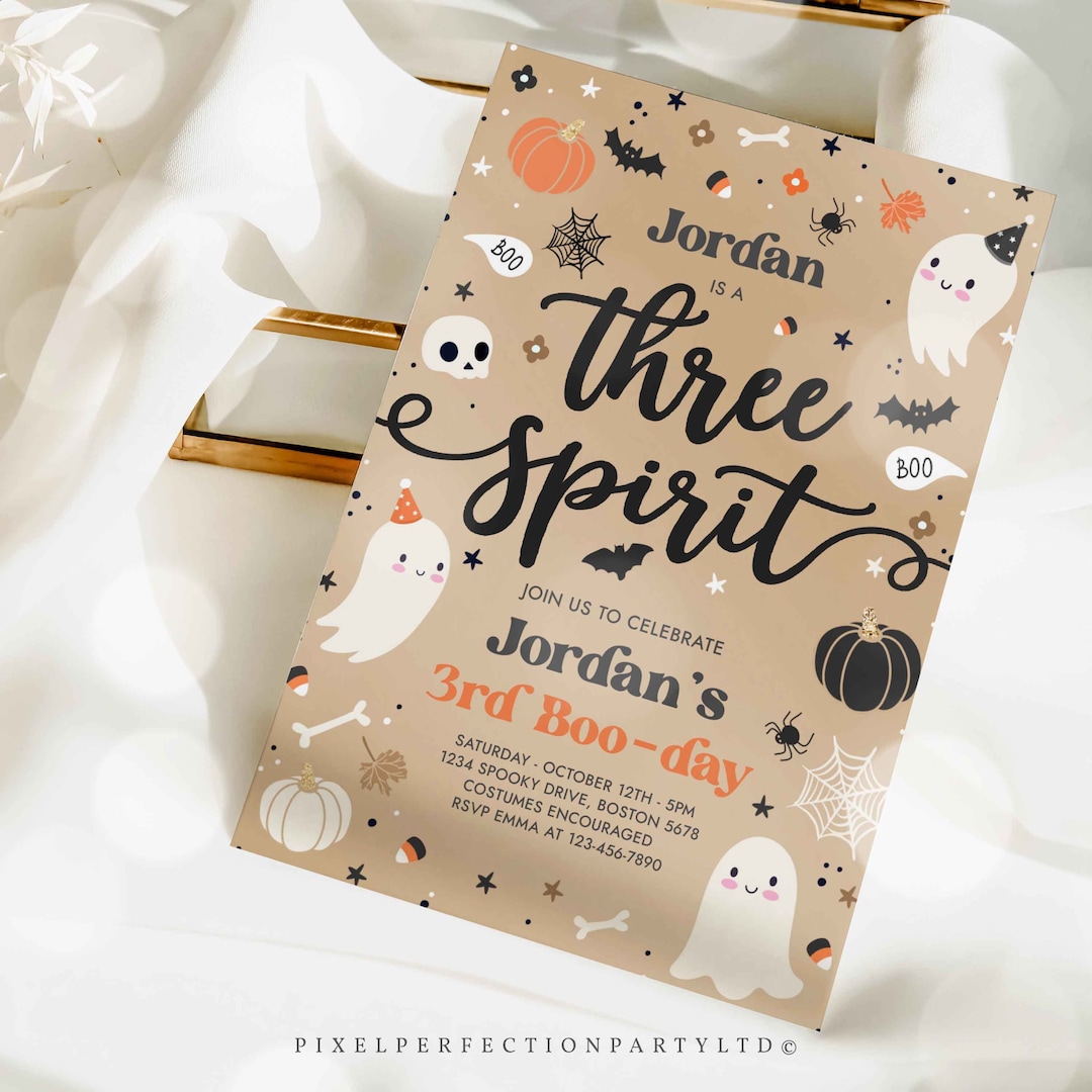 Editable Three Spirit Halloween Ghost 3rd Birthday Party Invitation ...