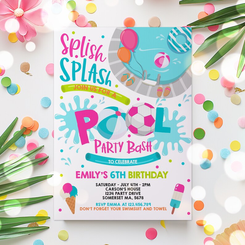 Editable Girl Soccer Pool Party Invitation Sports Summer Pink Girl Pool ...