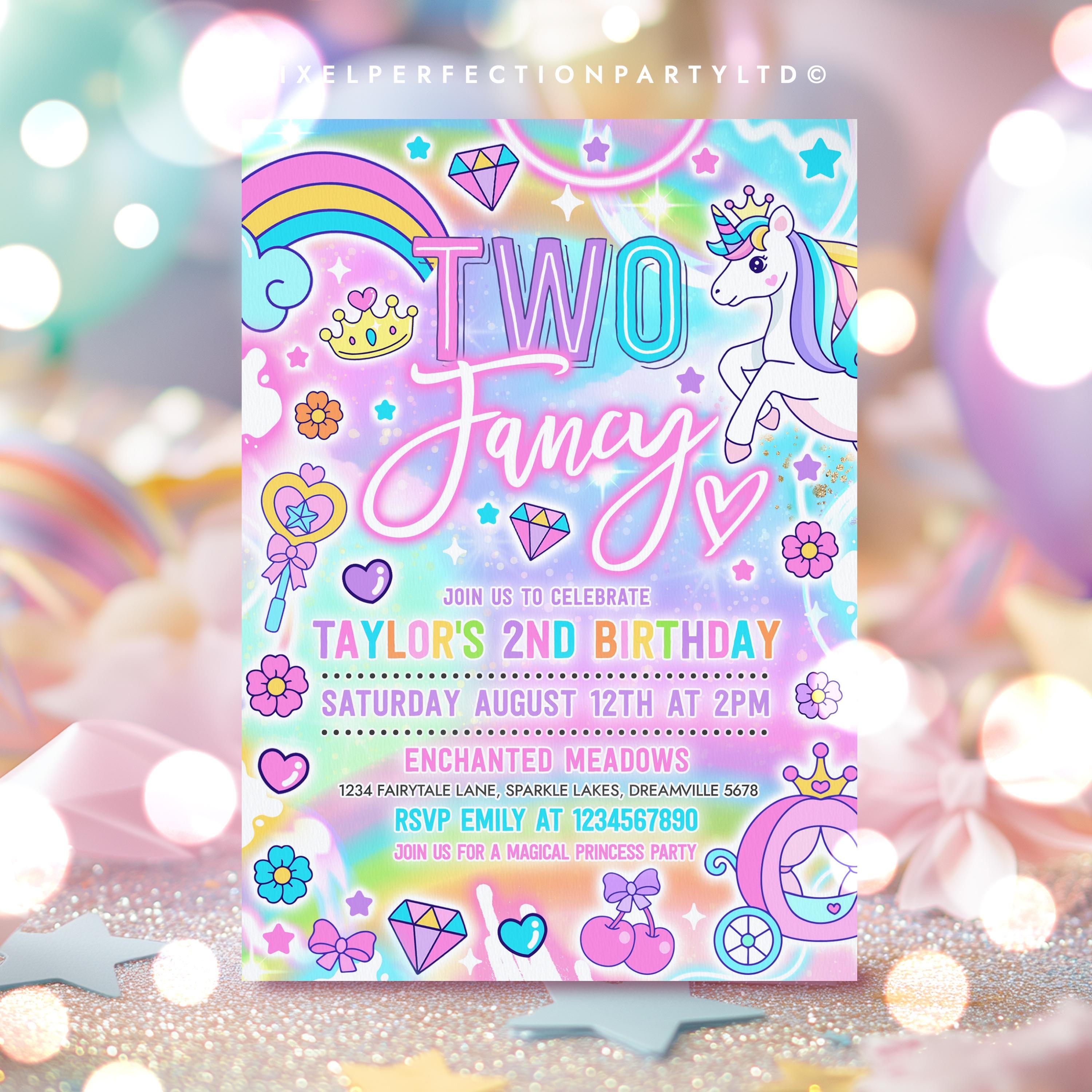 Editable Two Fancy Princess 2nd Birthday Party Invitation Neon Glow ...