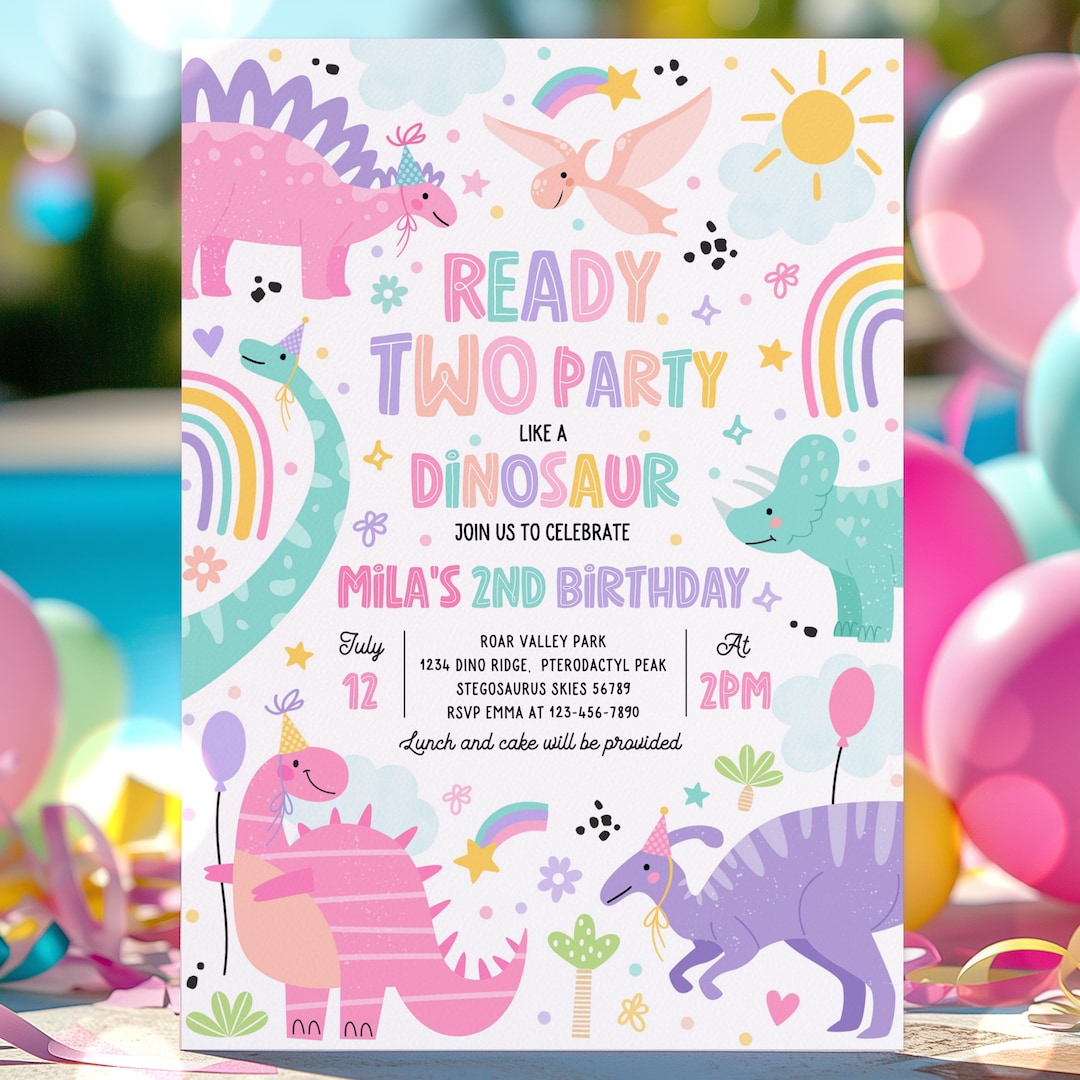Editable Ready Two Party Like A Dinosaur 2nd Birthday Party Invitation ...