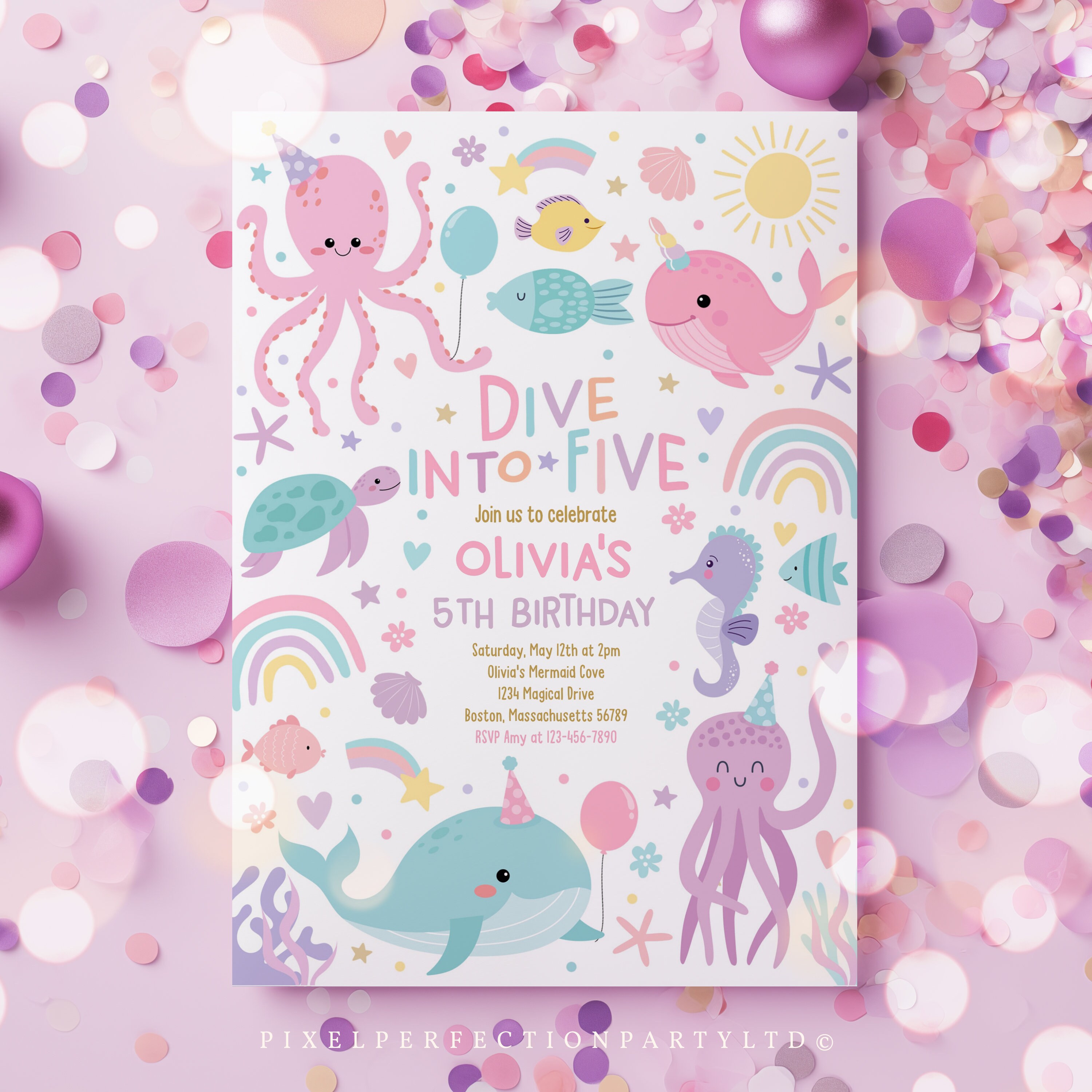 Editable Dive Into Five 5th Birthday Party Invitation Cute Sea ...