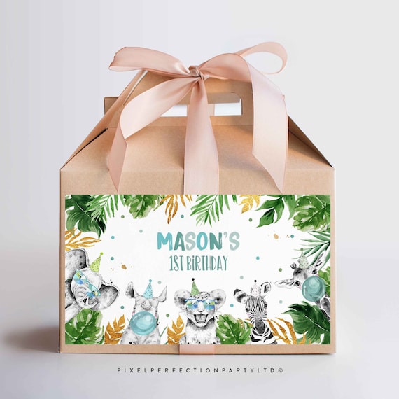 Editable Wild One Gable Box Favor Labels Safari Jungle Animals Gable ...