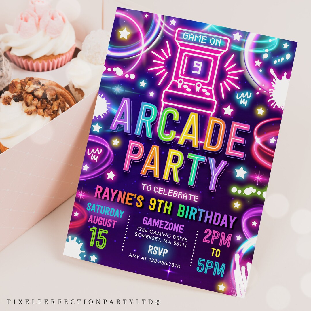 Editable Arcade Party Birthday Invitation Neon Glow Retro - Etsy