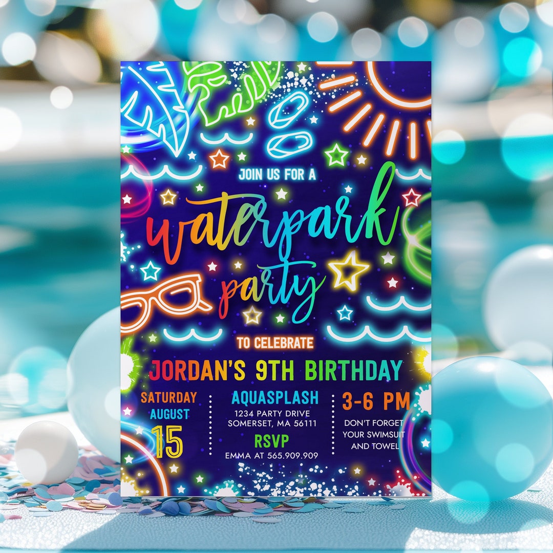 Editable Waterpark Birthday Party Invitation Glow Neon Tie Dye Summer ...