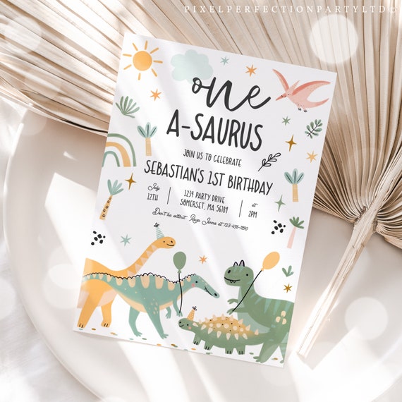 Editable One-A-Saurus Dinosaur Birthday Party Invitation Dinosaur T-Rex ...