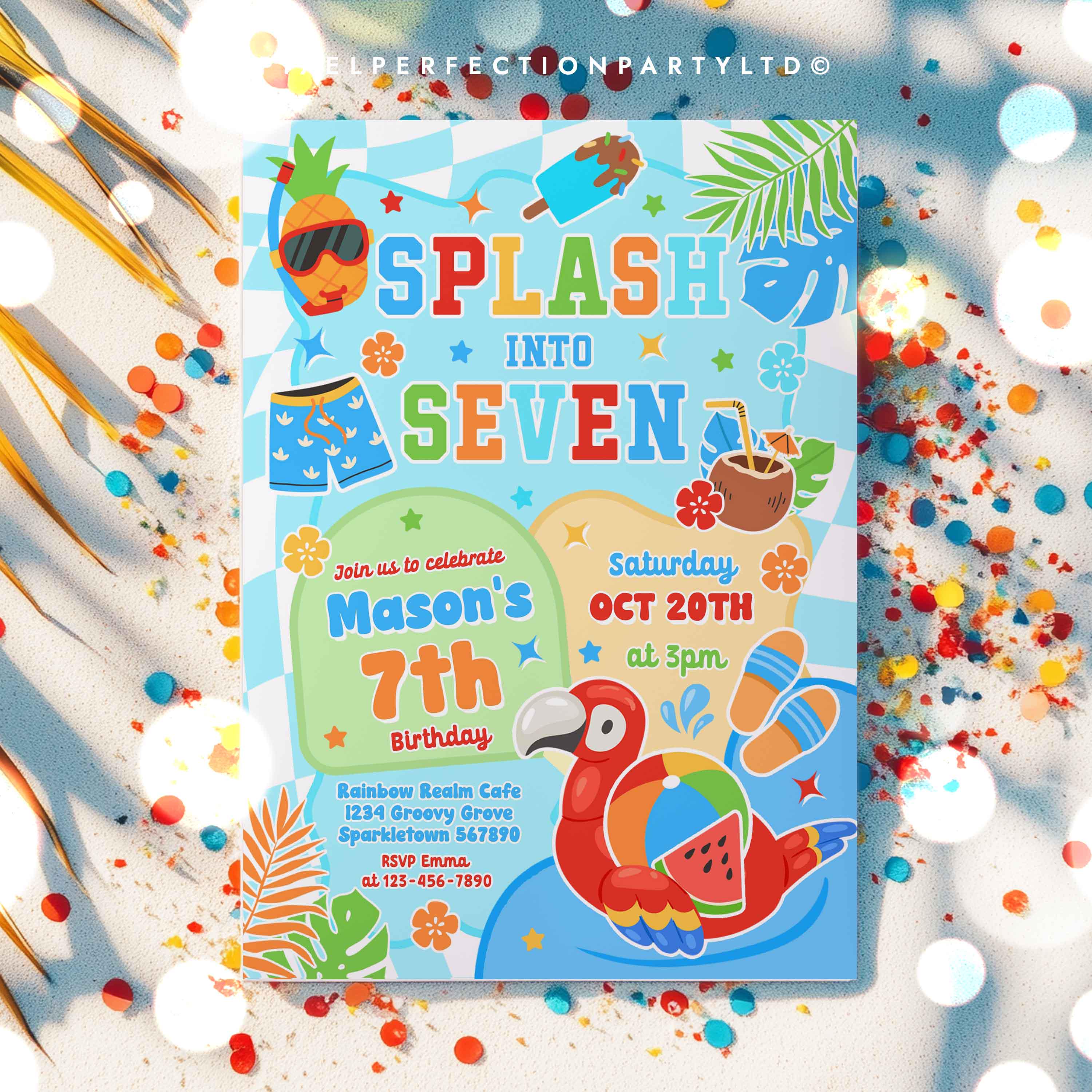 Editable Splash Into Seven 7th Birthday Pool Party Invitation Tropical ...