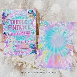 Editable Sea Turtle Pool Party Invitation Tie Dye Neon Glow Turtley ...
