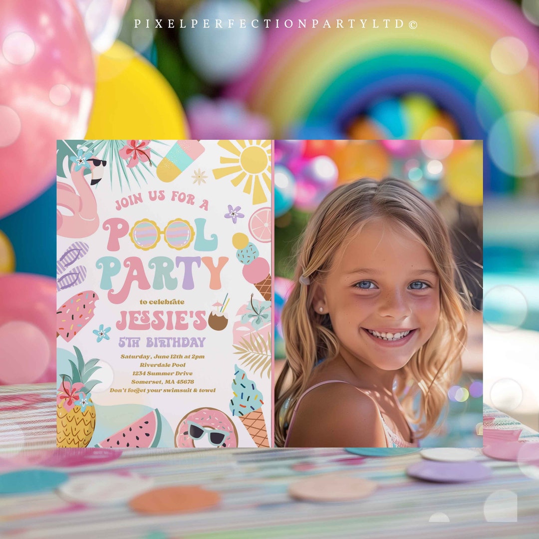 Editable Pool Party Invitation Tropical Splish Splash Girly Pool Party ...