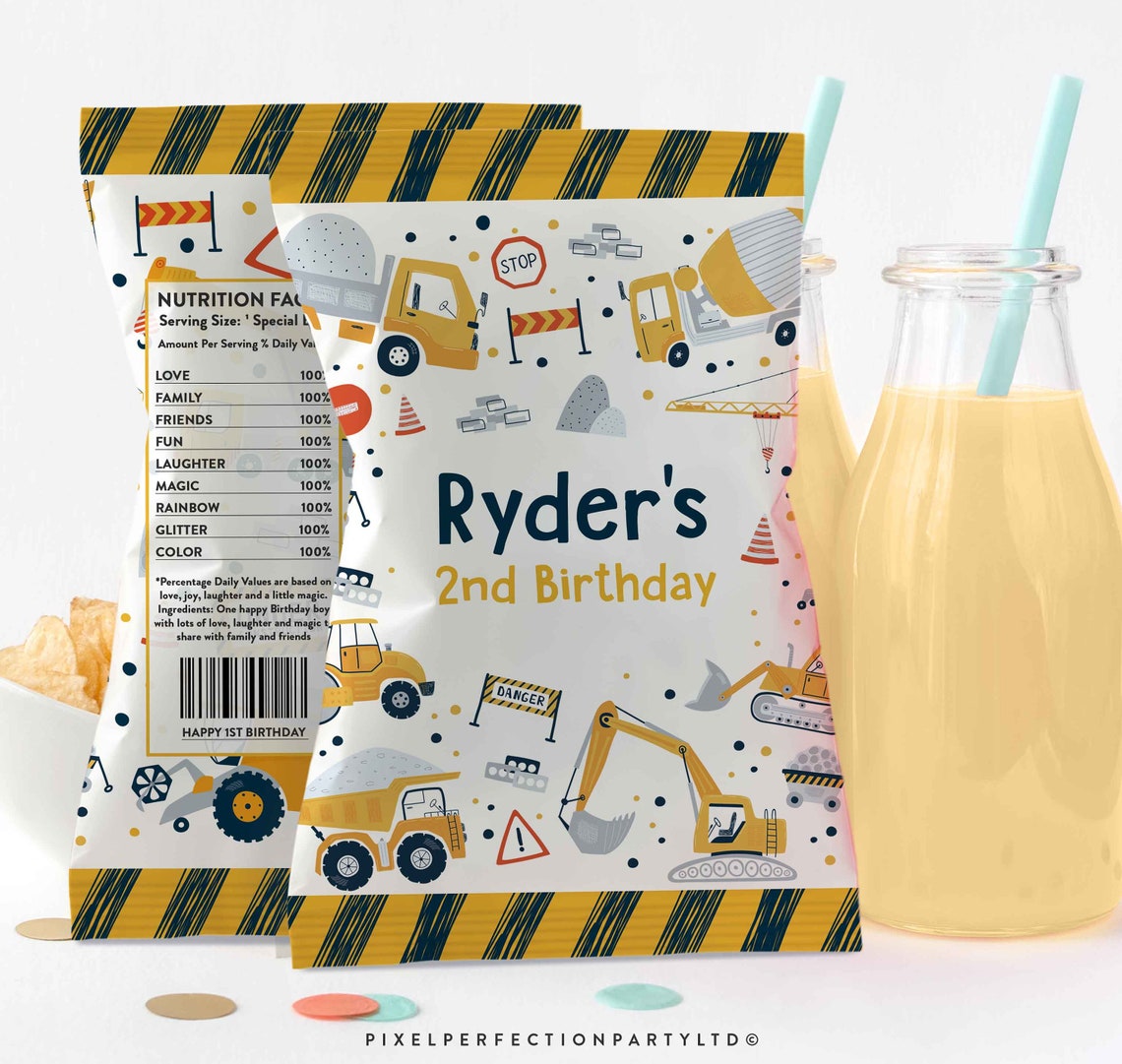 Editable Construction Chip Bag Labels Dump Truck Digger Excavator ...