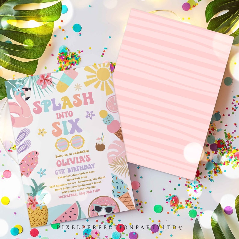 Editable Splash Into Six 6th Birthday Pool Party Invitation Tropical ...