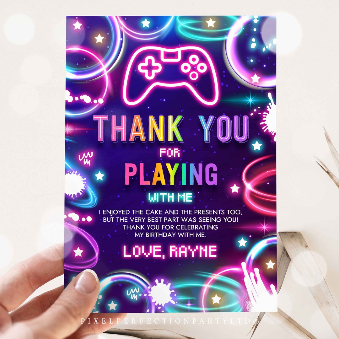 Editable Video Game Birthday Party Thank You Card Neon Gamer Birthday ...