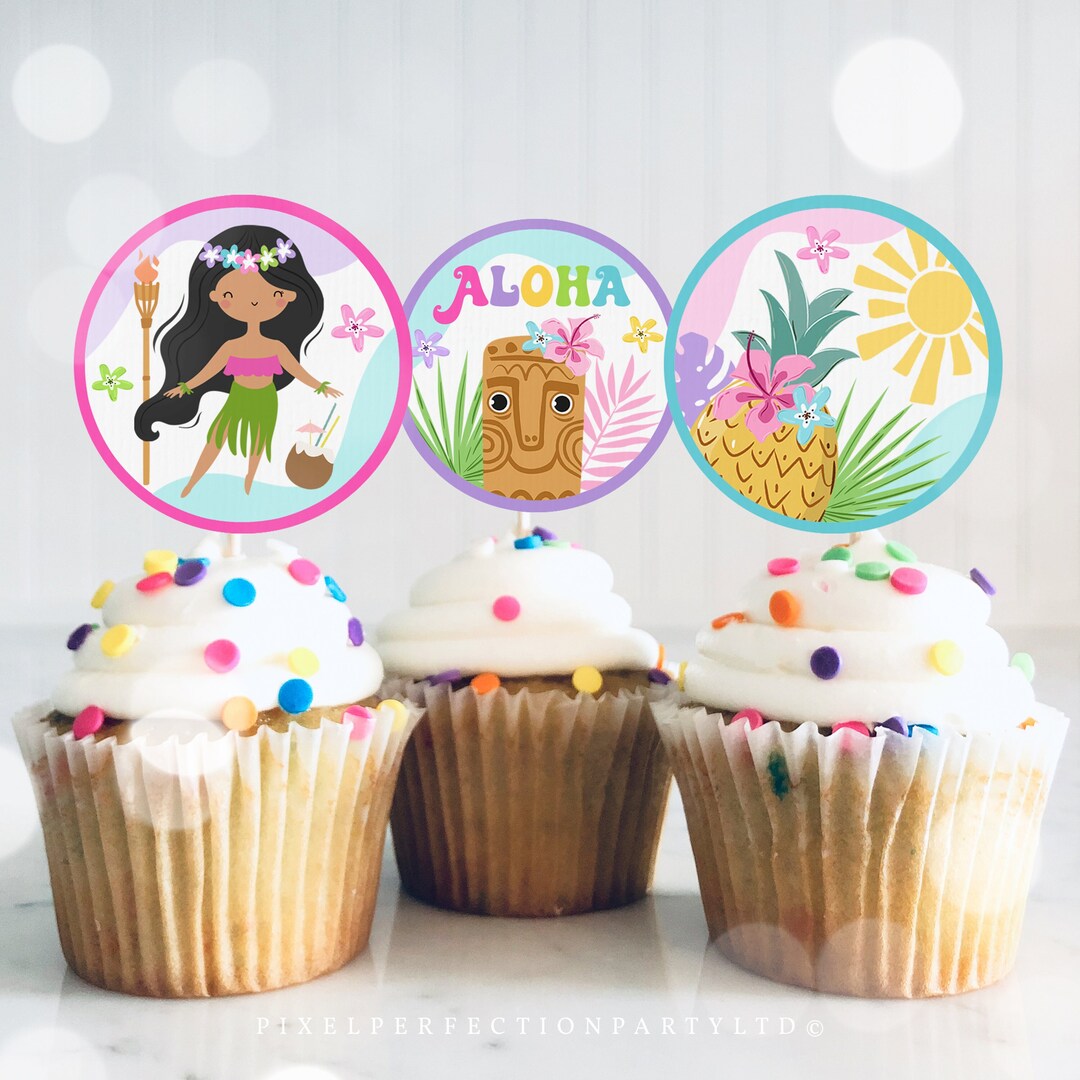 Hawaiian Luau Cupcake Toppers Tropical Pineapple Pool Party Tags ...