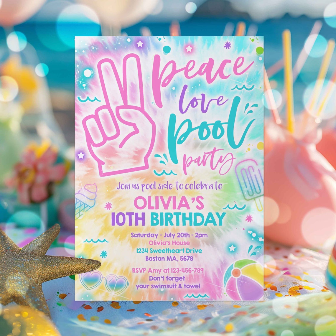 Editable Pool Party Invitation Girly Tie Dye Pool Party Invitation ...