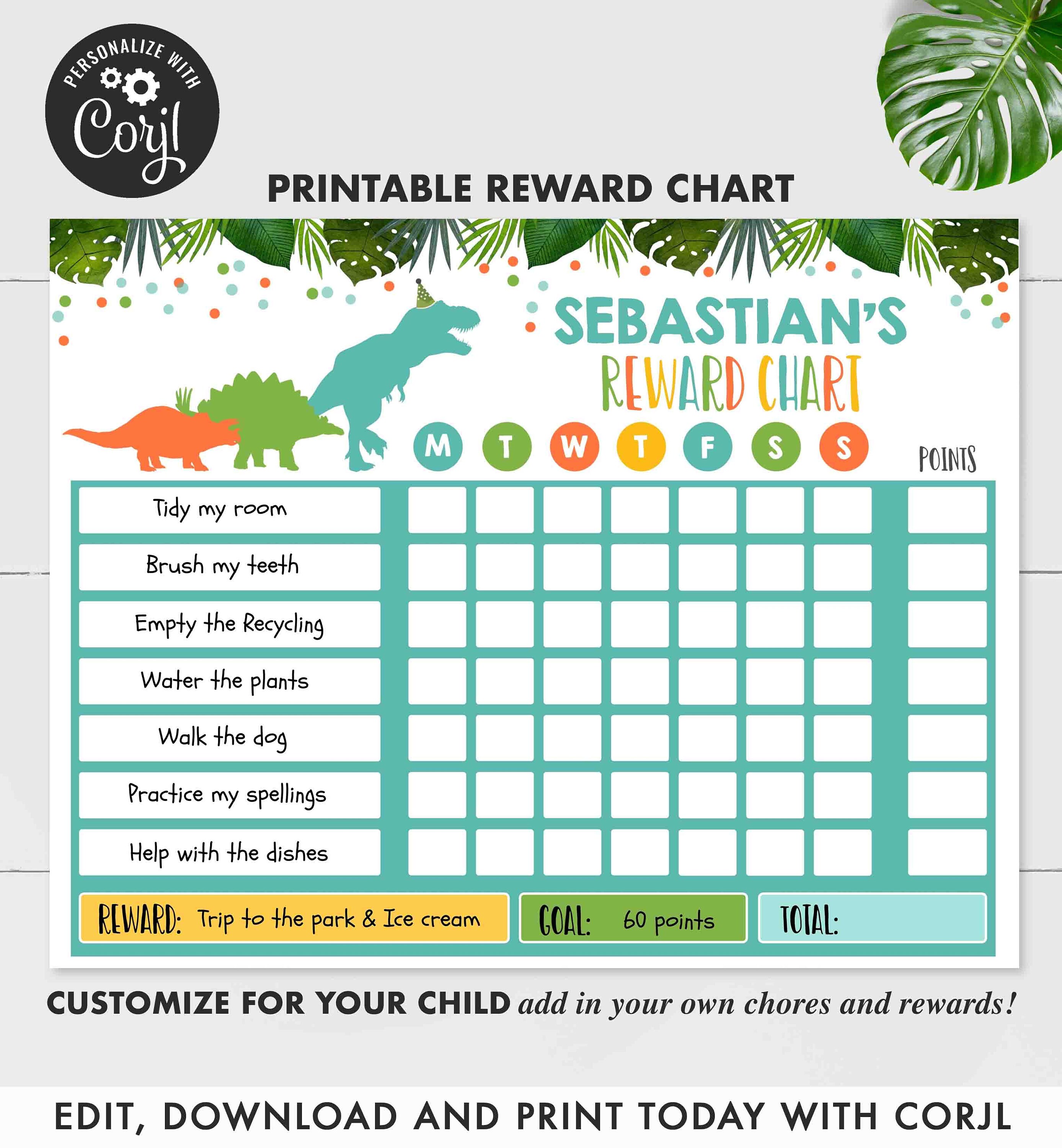 Editable Dinosaur Reward Chart Dinosaur Kids Chore Chart Kids | Etsy