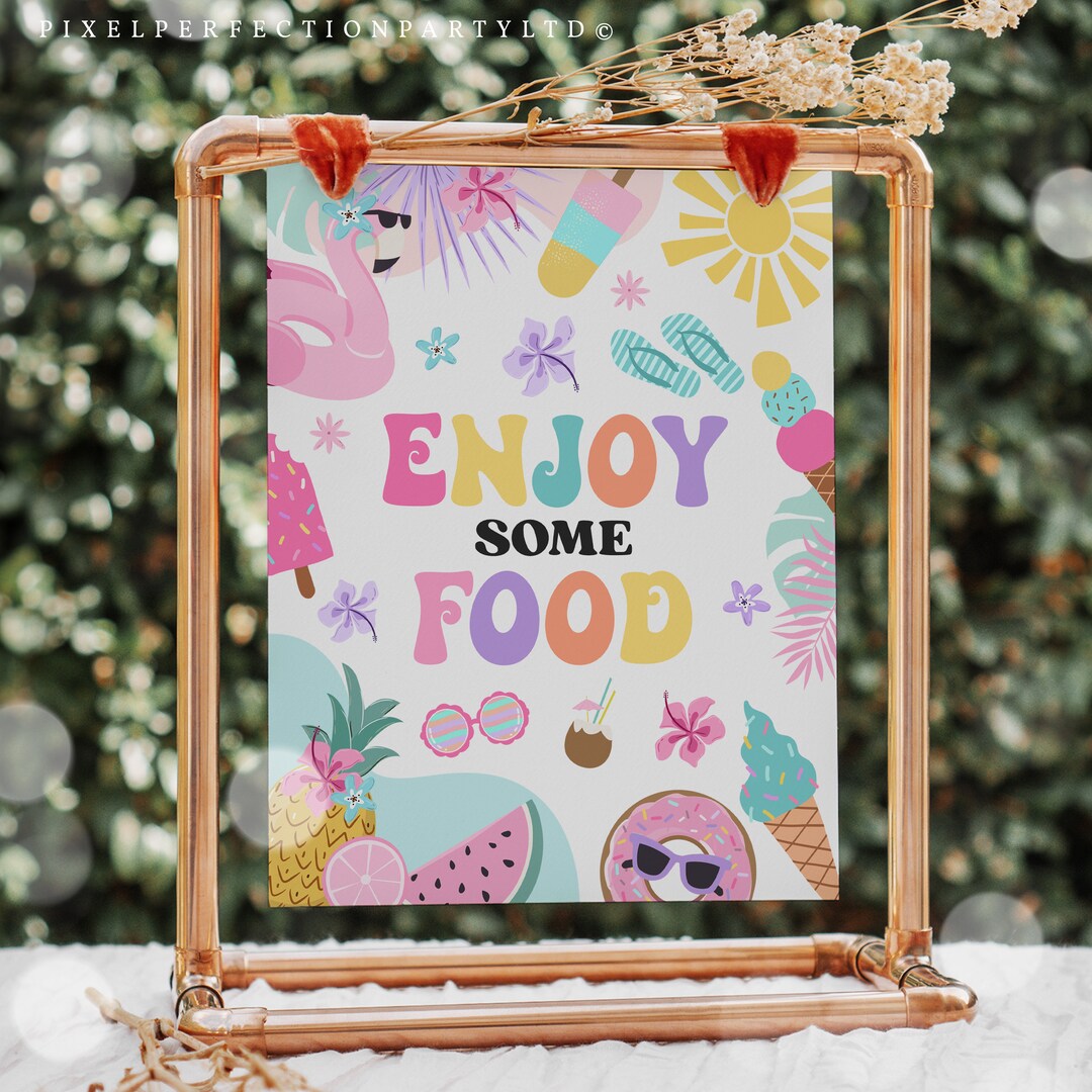 Pool Party Enjoy Some Food Table Sign Tropical Splish Splash Girly Pool ...