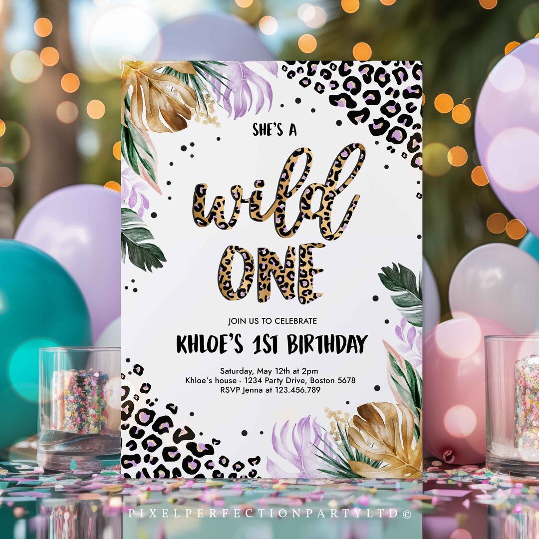 Editable Wild One Leopard Print Jungle Birthday Party Invitation ...