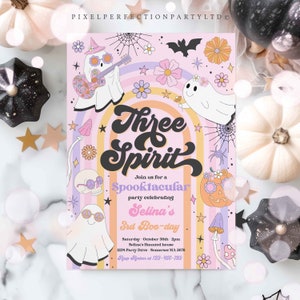 Editable Three Spirit Halloween Ghost 3rd Birthday Invitation Retro ...