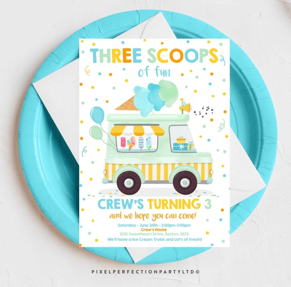 Editable Ice Cream Truck Three Scoops Of Fun 3rd Birthday Party