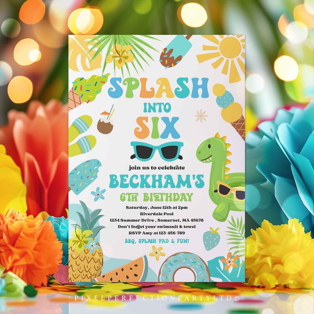 Editable Splash Into Six 6th Birthday Pool Party Invitation Tropical ...