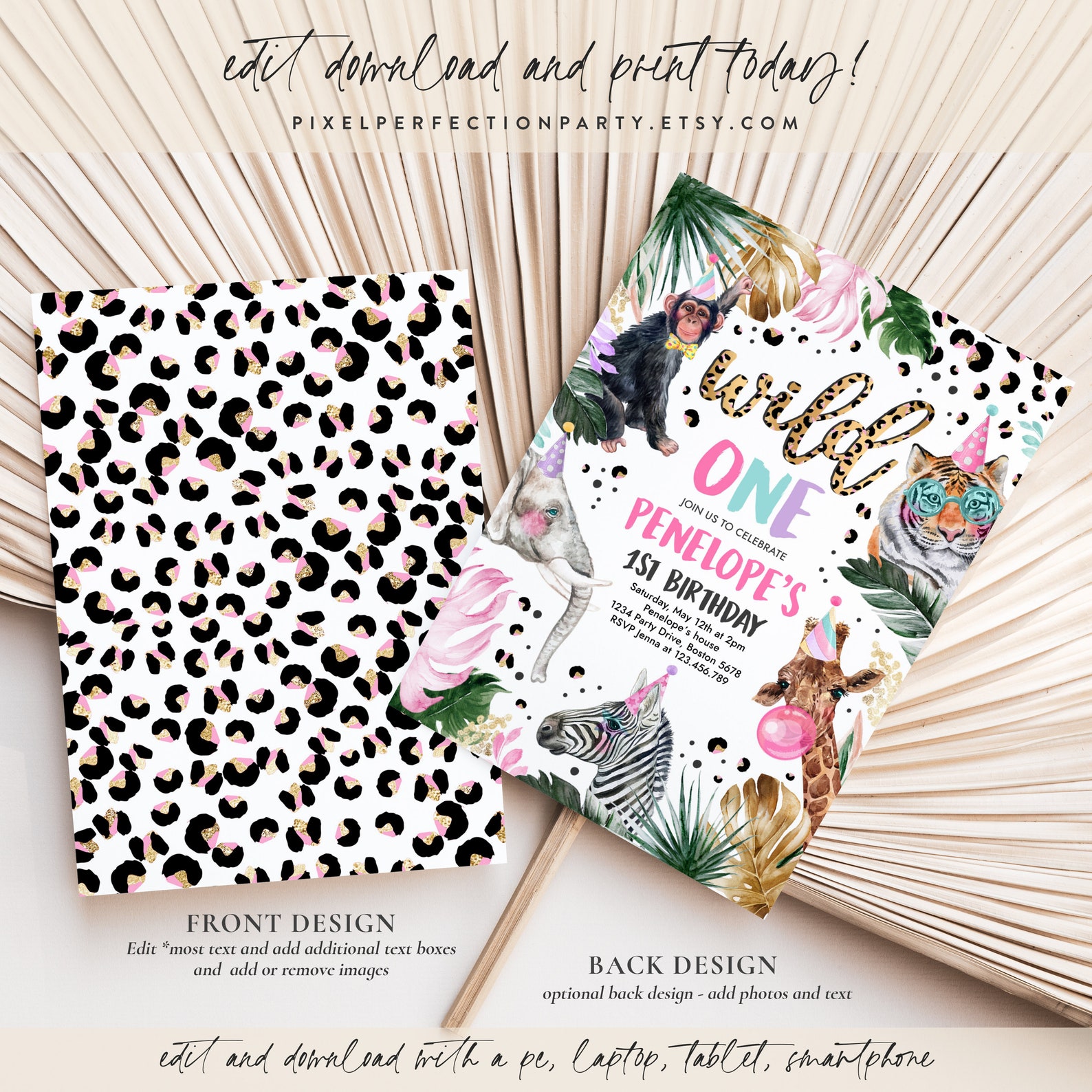 Editable Wild One Leopard Print Safari Animals 1st Birthday | Etsy