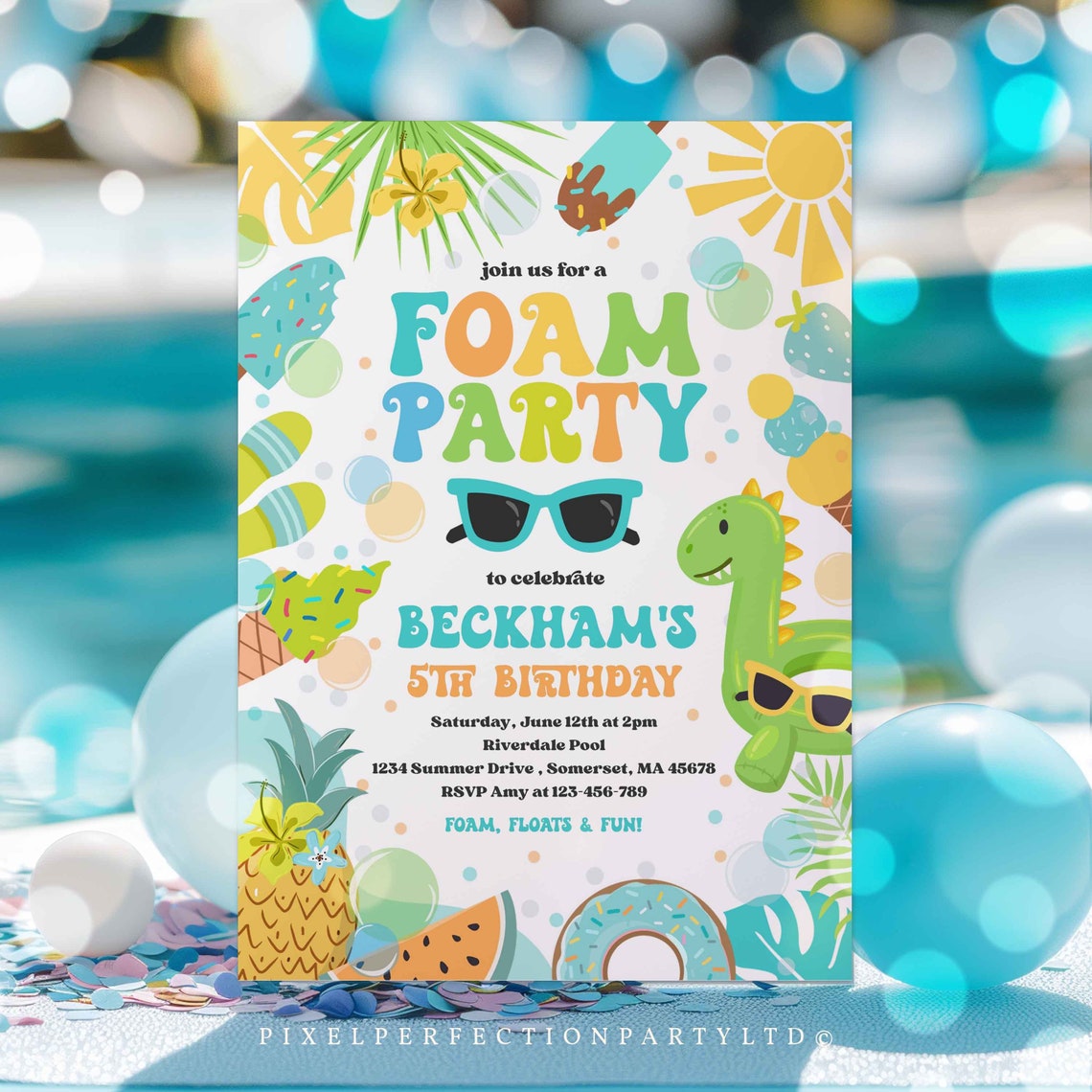 Editable Foam Birthday Party Invitation Tropical Pool Foam Boy Pool ...