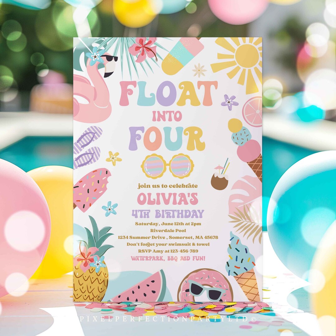 Editable Float Into Four 4th Birthday Pool Party Invitation Tropical ...