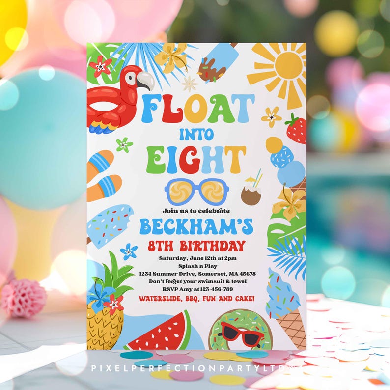 Editable Float Into Eight 8th Birthday Pool Party Invitation Tropical ...