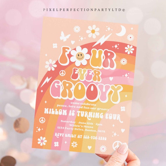 Editable Four Ever Groovy 4th Birthday Party Invitation Peace Love ...