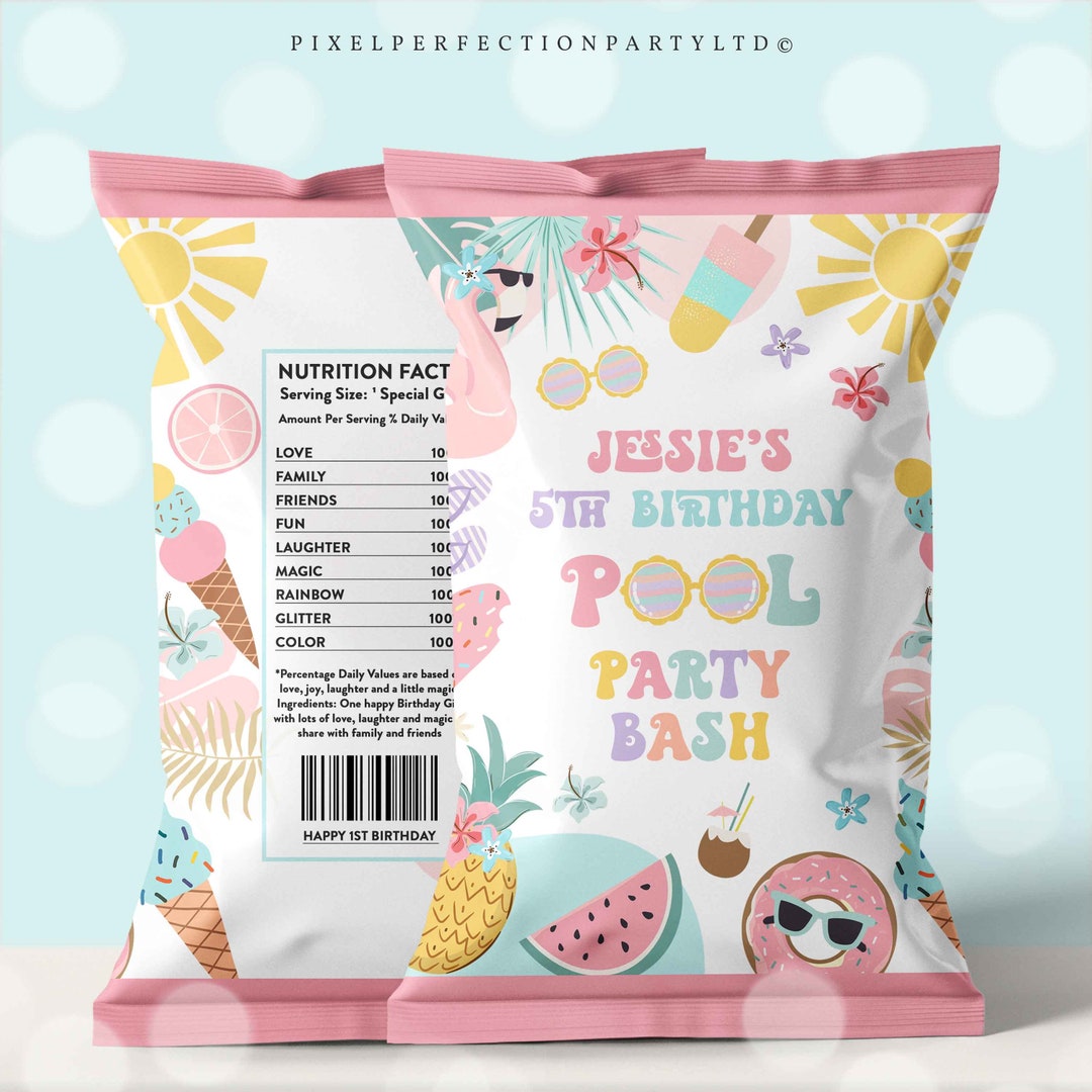 Editable Pool Party Chip Bag Wrappers Tropical Splish Splash Girly Pool ...