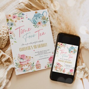 Editable Tea Party Birthday Invitation Time Four Tea 4th Birthday Party ...