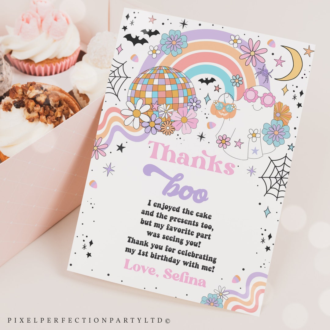 Editable Spooky Halloween Ghost Birthday Party Thank You Card Groovy ...