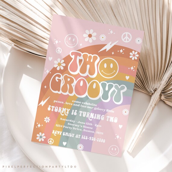 Editable Two Groovy Birthday Party Invitation Peace Love Party Groovy 