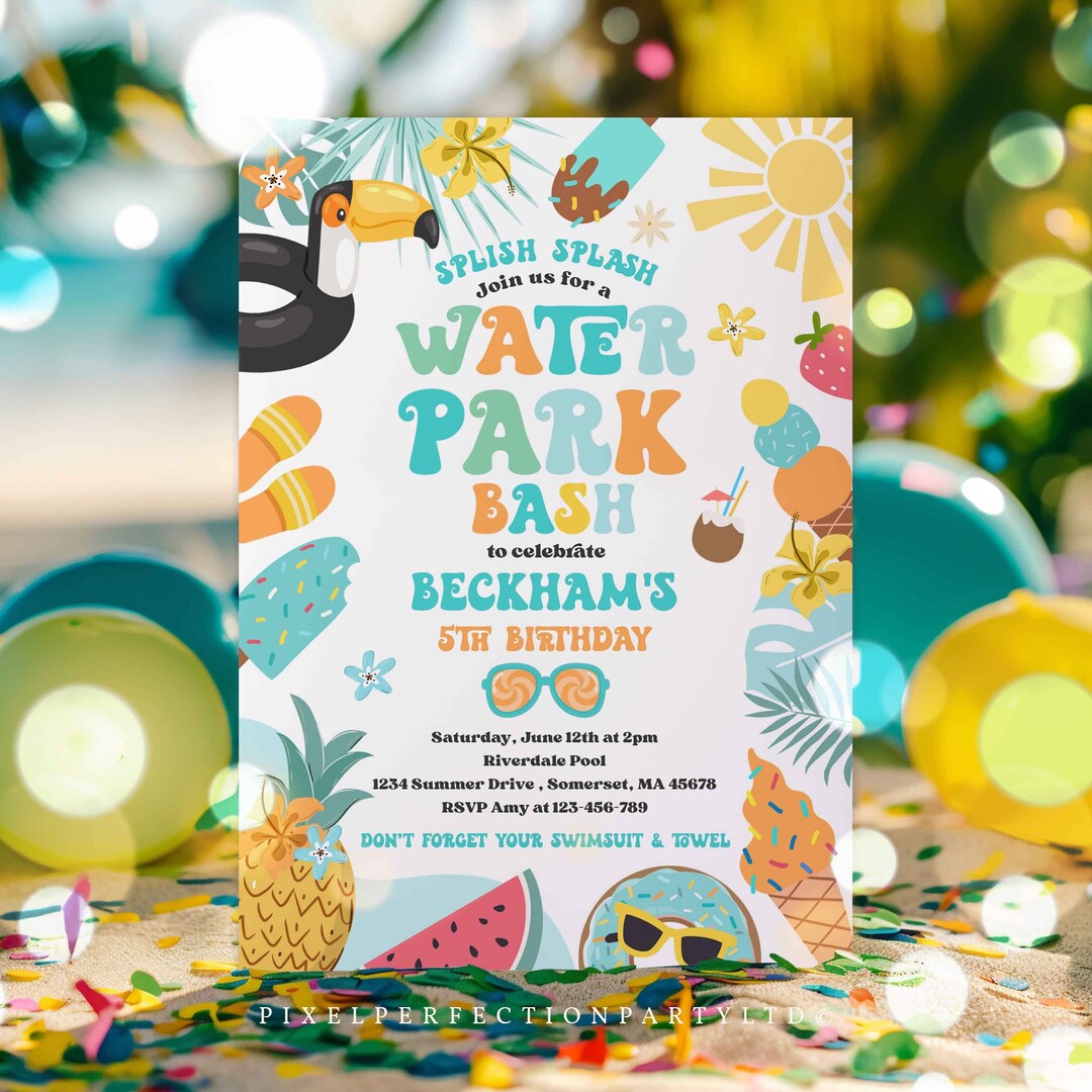 Editable Water Park Birthday Party Invitation Tropical Splish Splash ...