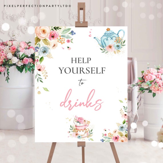 Tea Party Sign Help Yourself To Drinks Sign Pink & Gold Floral Par-Tea ...