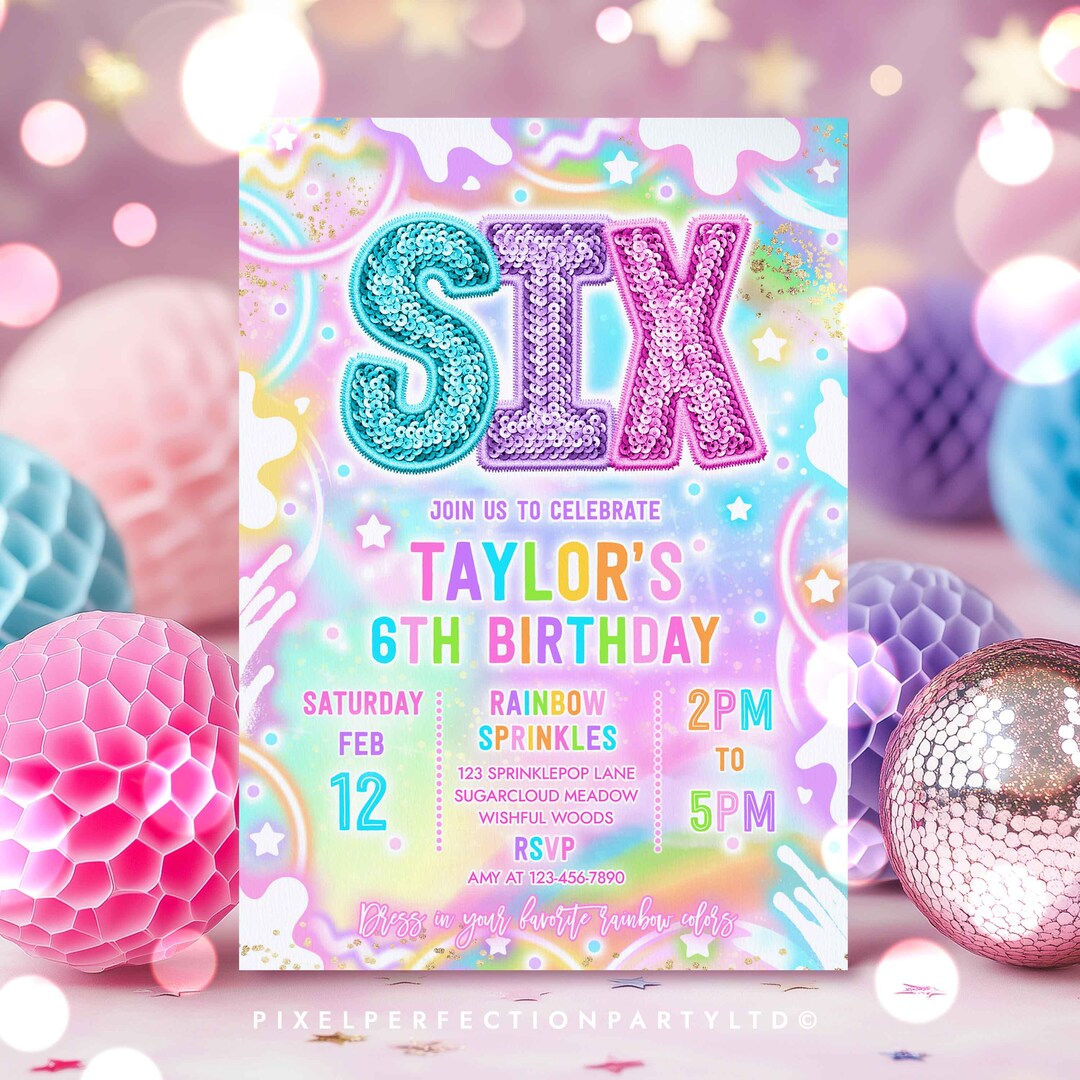 Editable Rainbow Sequin 6th Birthday Party Invitation Pastel Glitter ...