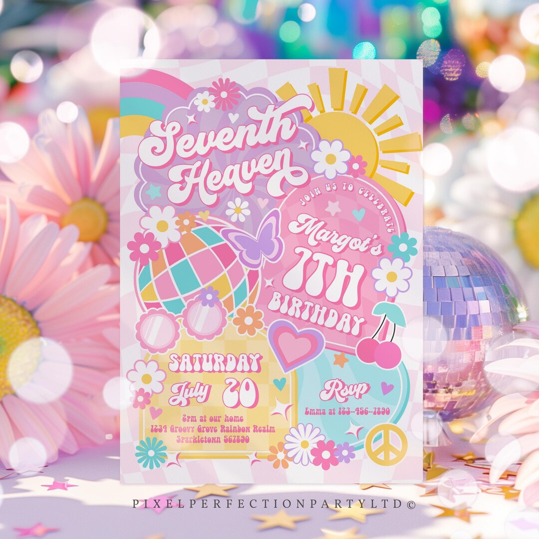 Editable 7th Heaven Birthday Party Invitation Groovy 7th Birthday Party ...